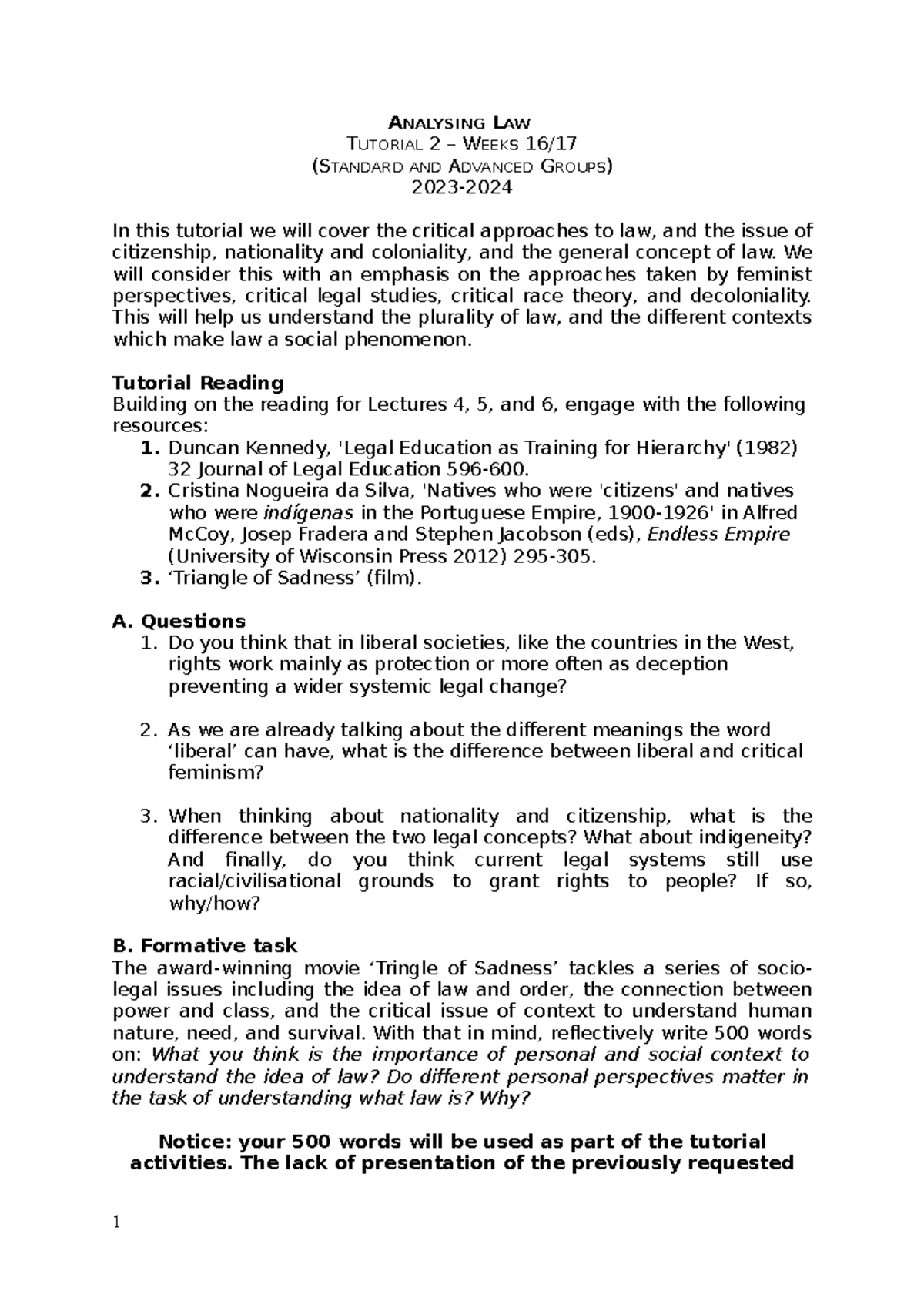 2 Tutorial 2 Analysing Law Tutorial 2 Weeks 16 Standard And