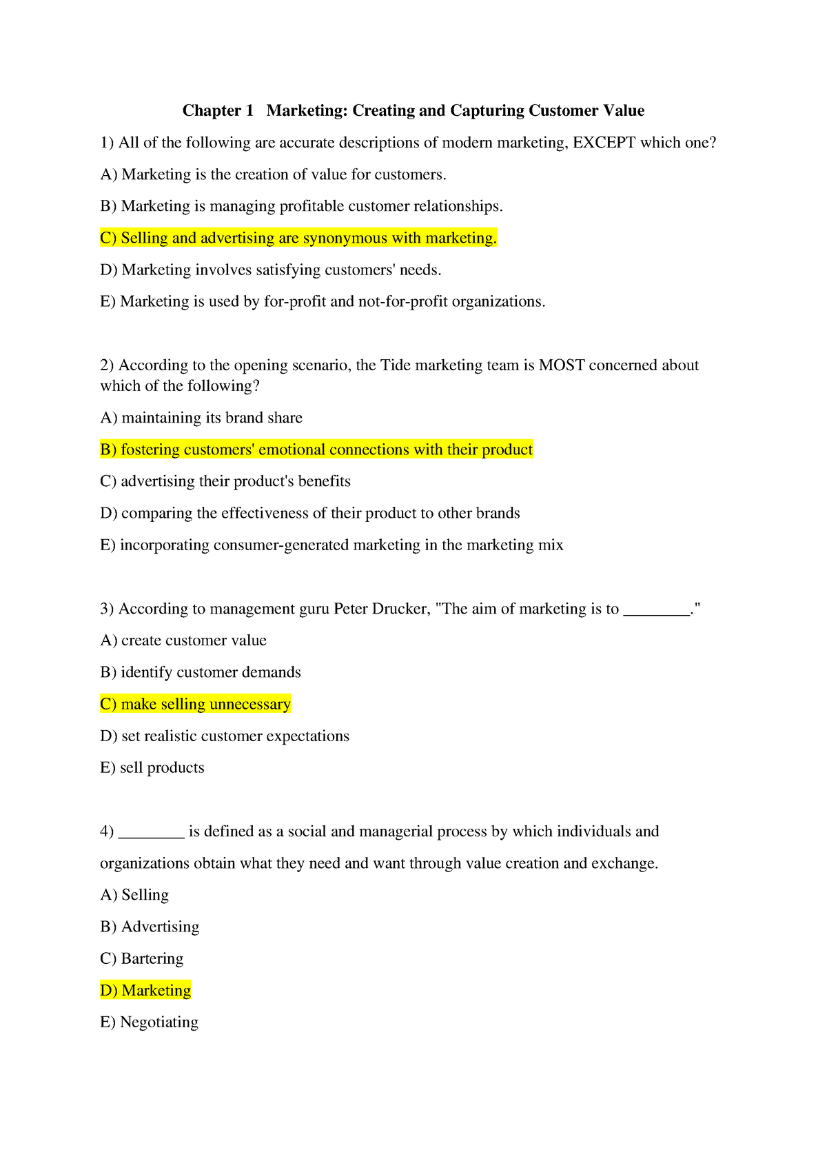 Mktg 2001 Multiple Choice Chapter 1 Marketing Creating And