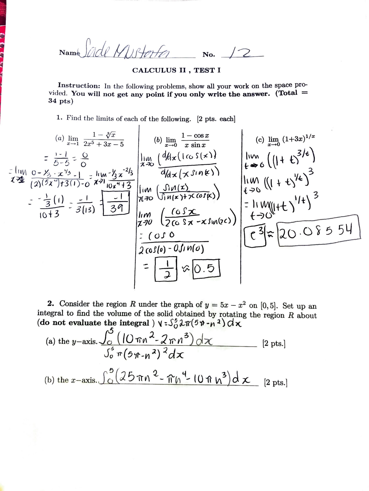 Calc 2 Test 1 Calc Test No Calculus Ii Test I Instruction