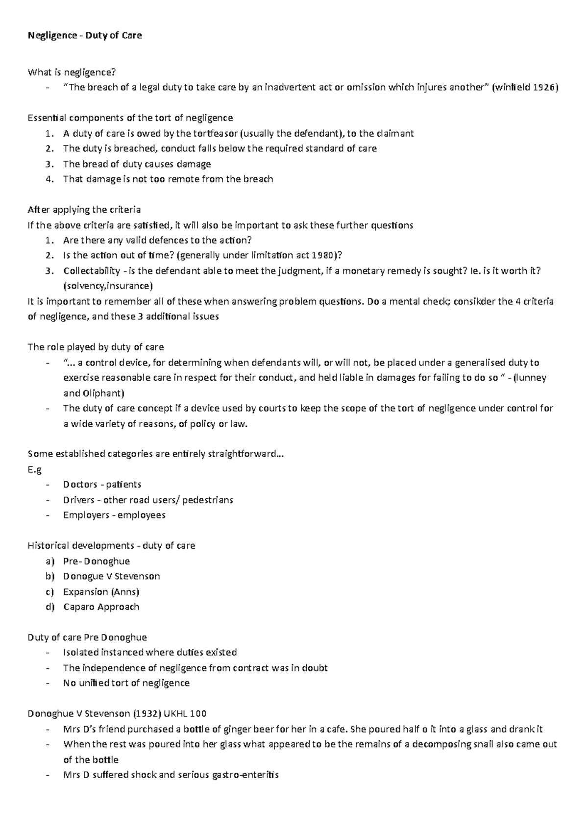 Duty Of Care Tort Law Lecture Notes Semester 1 1920 Negligence