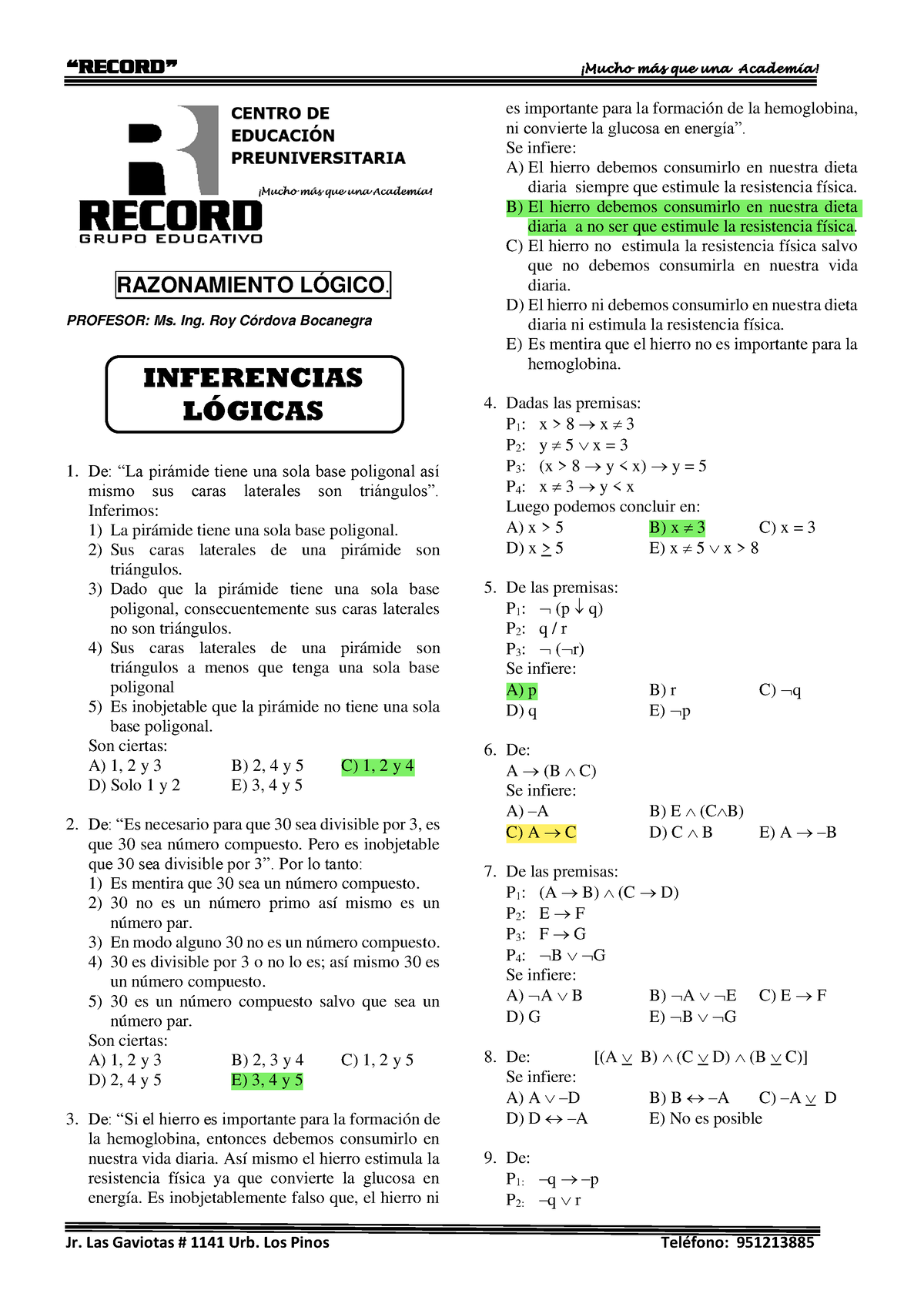 10° Inferencias Lógicas Razonamiento LÓgico Profesor Ms Ing Roy