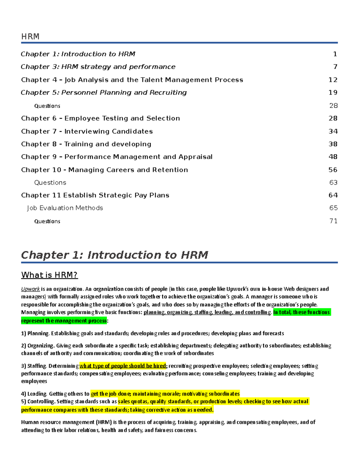 Hrm Comb Notes For Hrm Hrm Chapter 1 Introduction To Hrm 1 Chapter