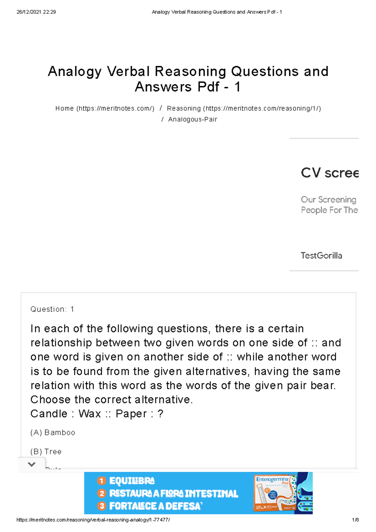 Analogy Verbal Reasoning Questions And Answers Pdf 1 Choose The