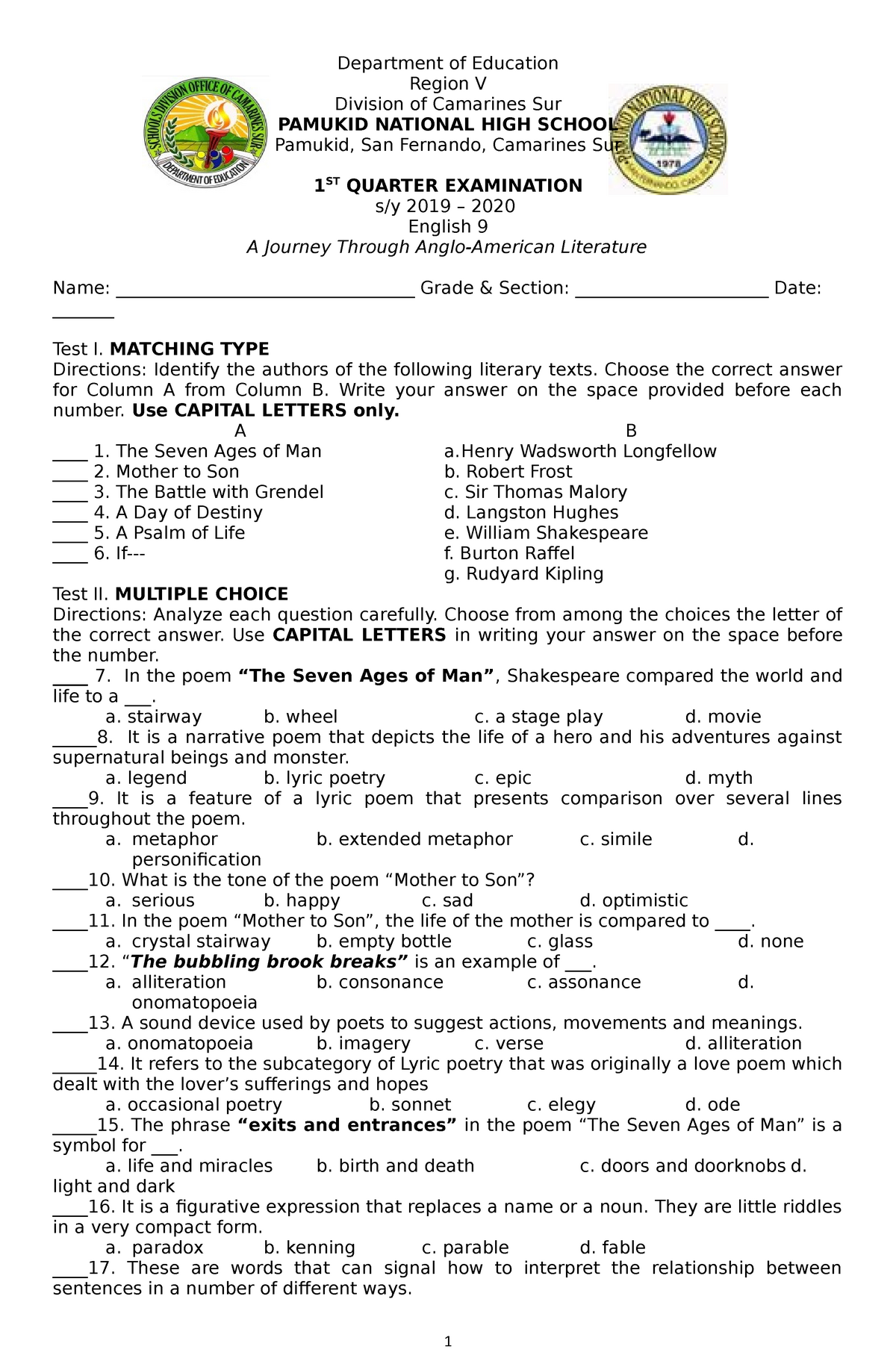 Grade 9 English 2nd Quarter Reviewer Printable Templates Free