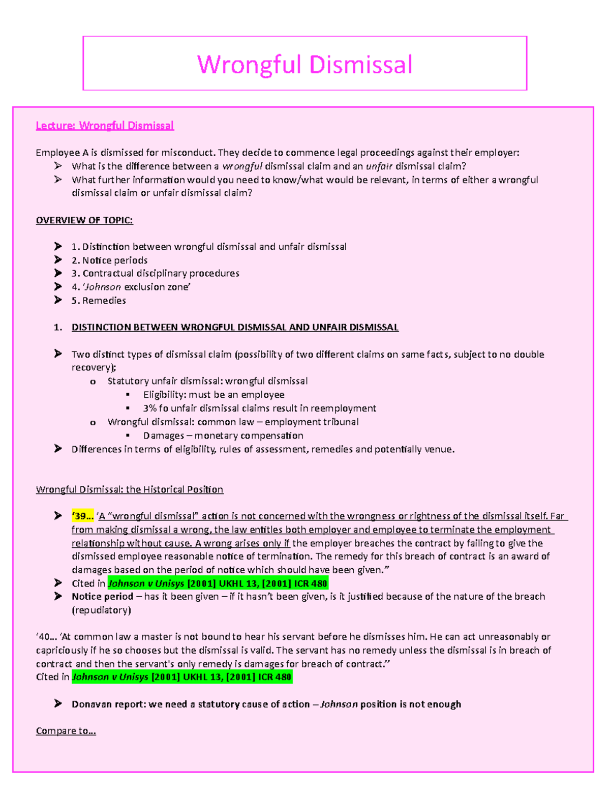 4 Wrongful Dismissal Lecture Notes 4 Wrongful Dismissal Lecture