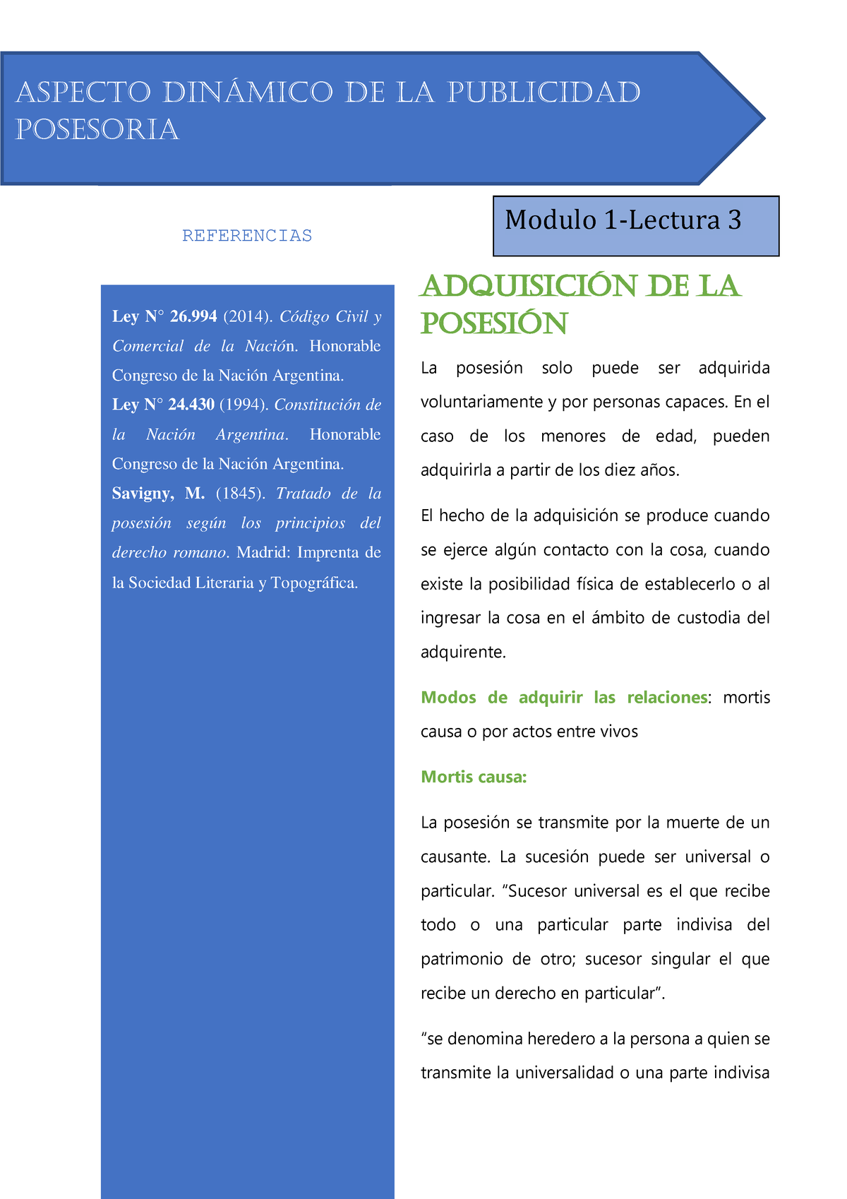 Derechos Reales Resumen Completo L3 M1 Adquisición De La Posesión La