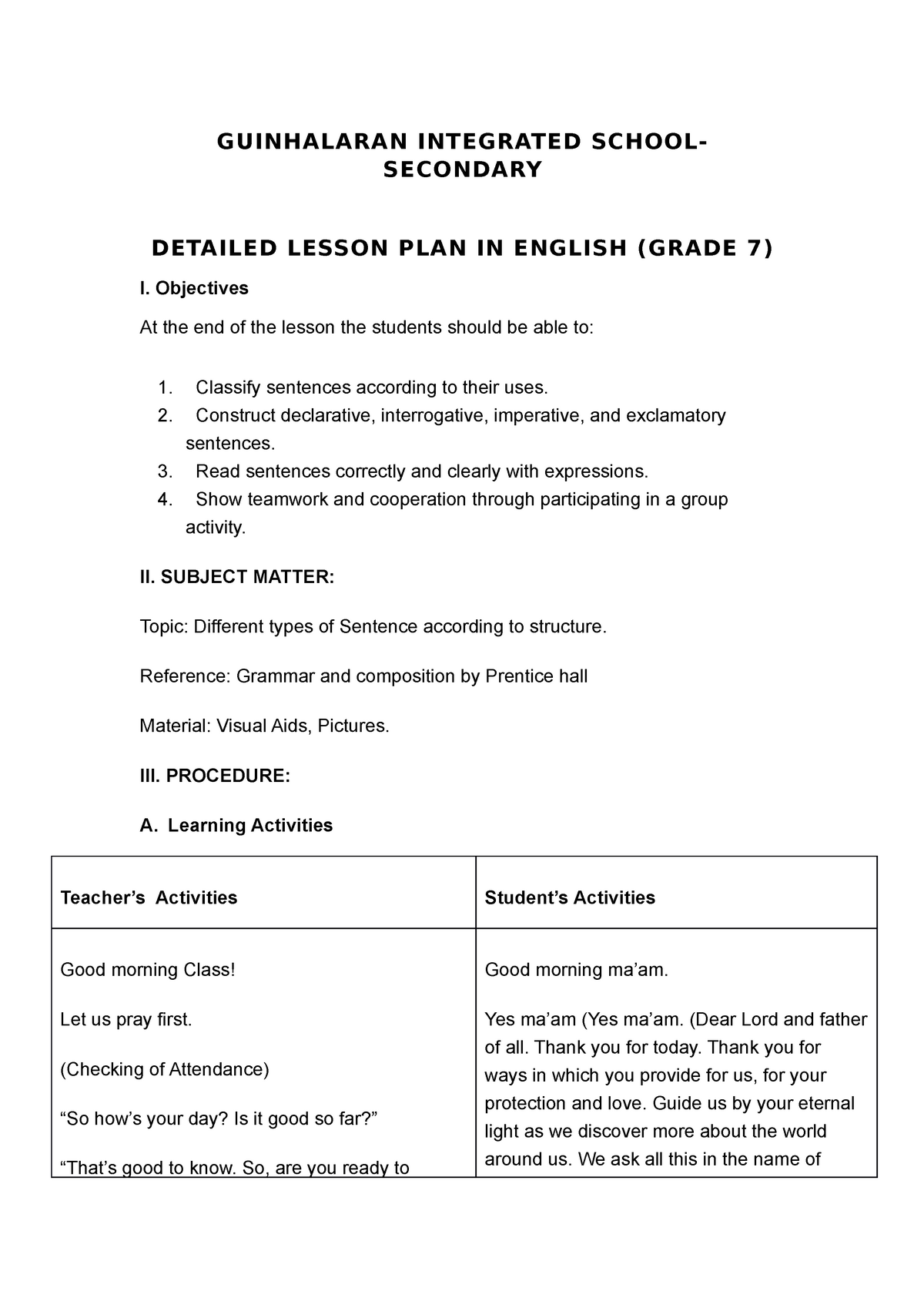 Detailed Lesson Plan In English Grade 7 Guinhalaran Integrated School