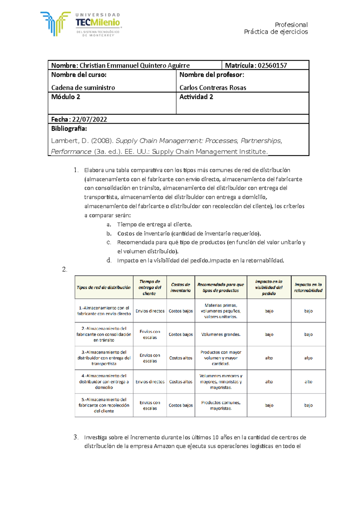 Actividad 2 Cadena De Suministro Práctica De Ejercicios Nombre