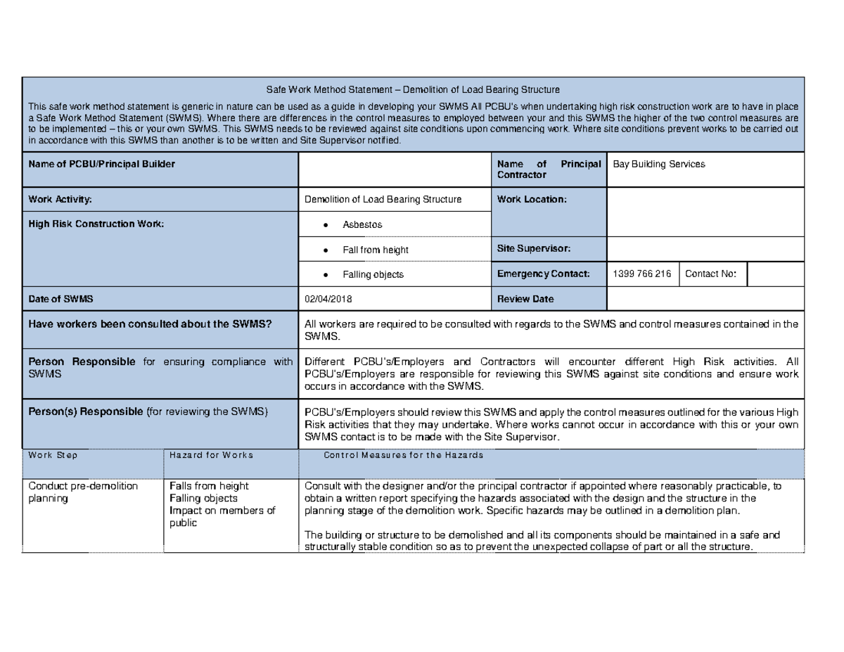 81204 Swms Demolition Safe Work Method Statement Demolition Of Load