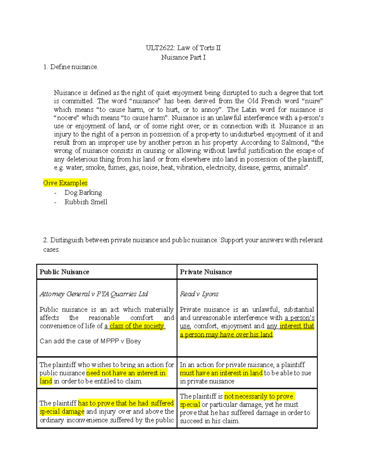 Tutorial 1 Torts Ii Ult2622 Law Of Torts Ii Nuisance Part I Define