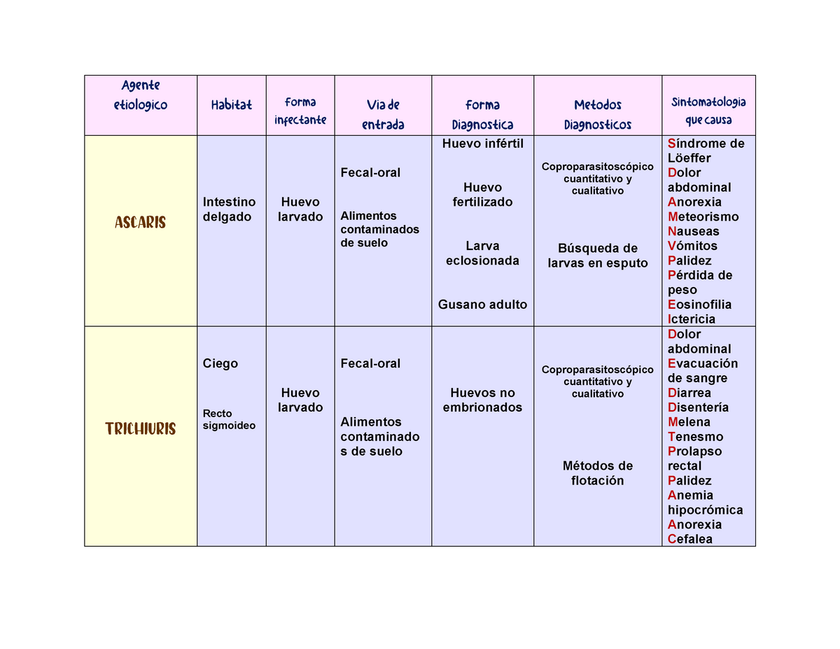 Cuadro Comparativo De Parasitos Agente Etiológico Hábitat Forma