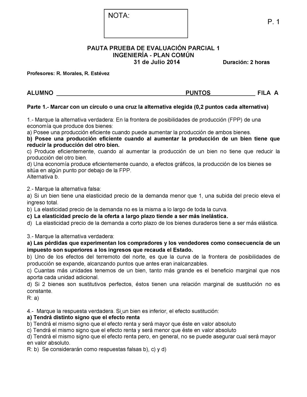 Examen 31 Julio 2014 Preguntas Y Respuestas P 1 Pauta Prueba De