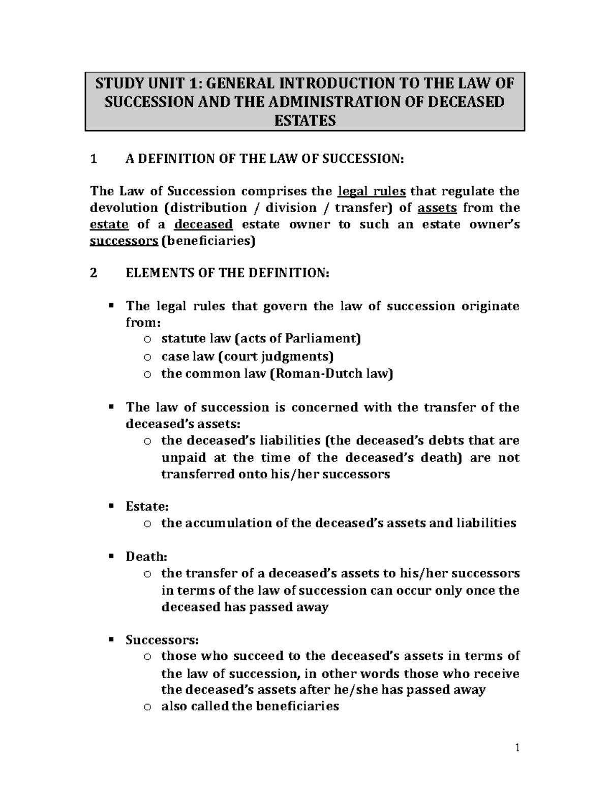 Law Of Succession Study Unit 1 Study Unit 1 General Introduction To