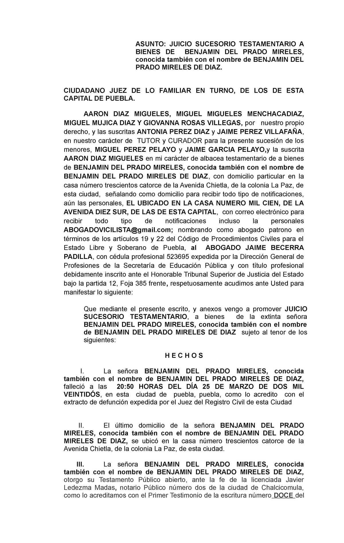 Formato Sucesion Testamentaria Asunto Juicio Sucesorio Testamentario