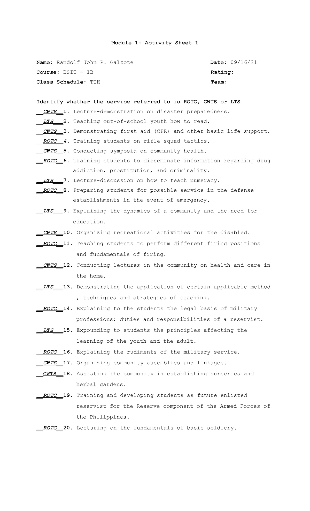 Nstp 1 Module 1 Activities Module 1 Activity Sheet 1 Name Randolf