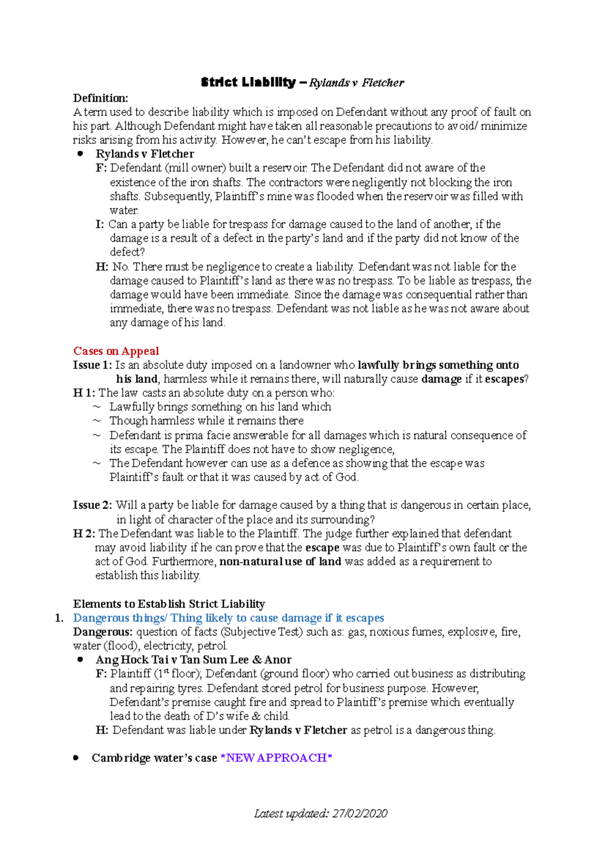 Law Of Tort 2 Strict Liability Strict Liability Rylands V