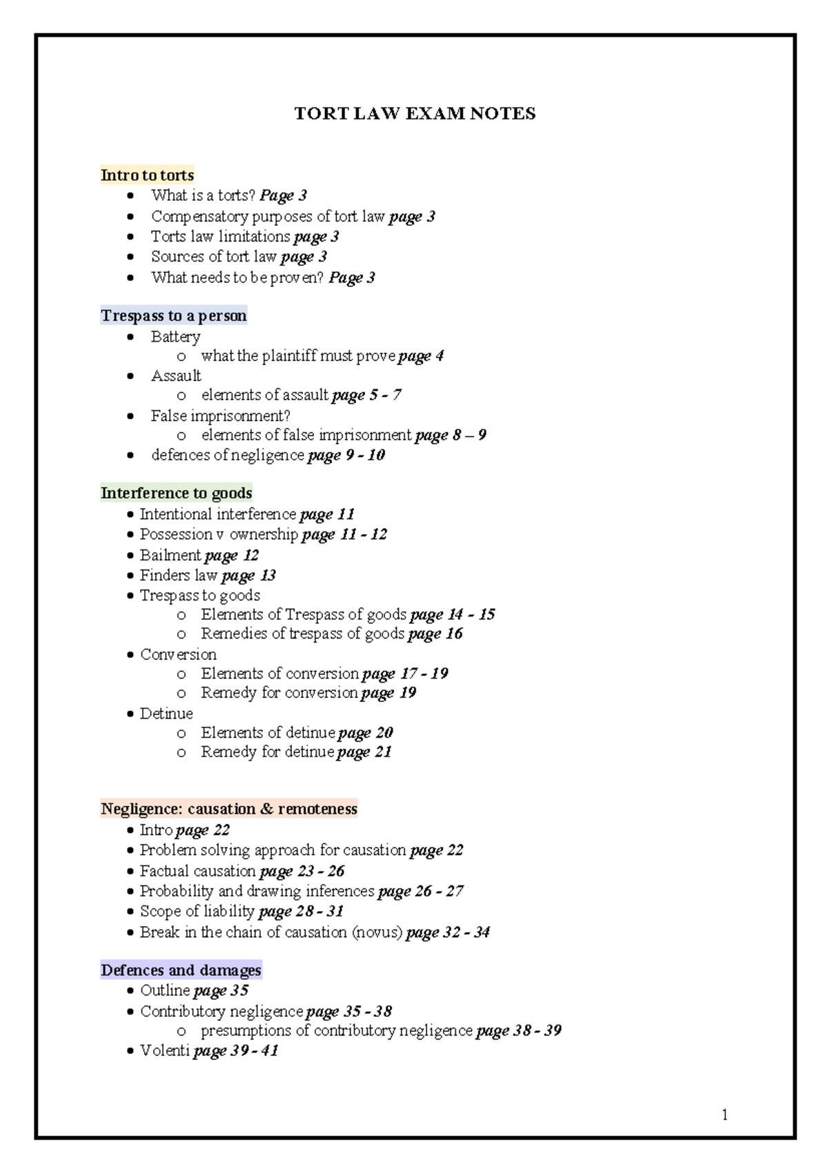 Tort Law Exam Notes Tort Law Exam Notes Intro To Torts What Is A