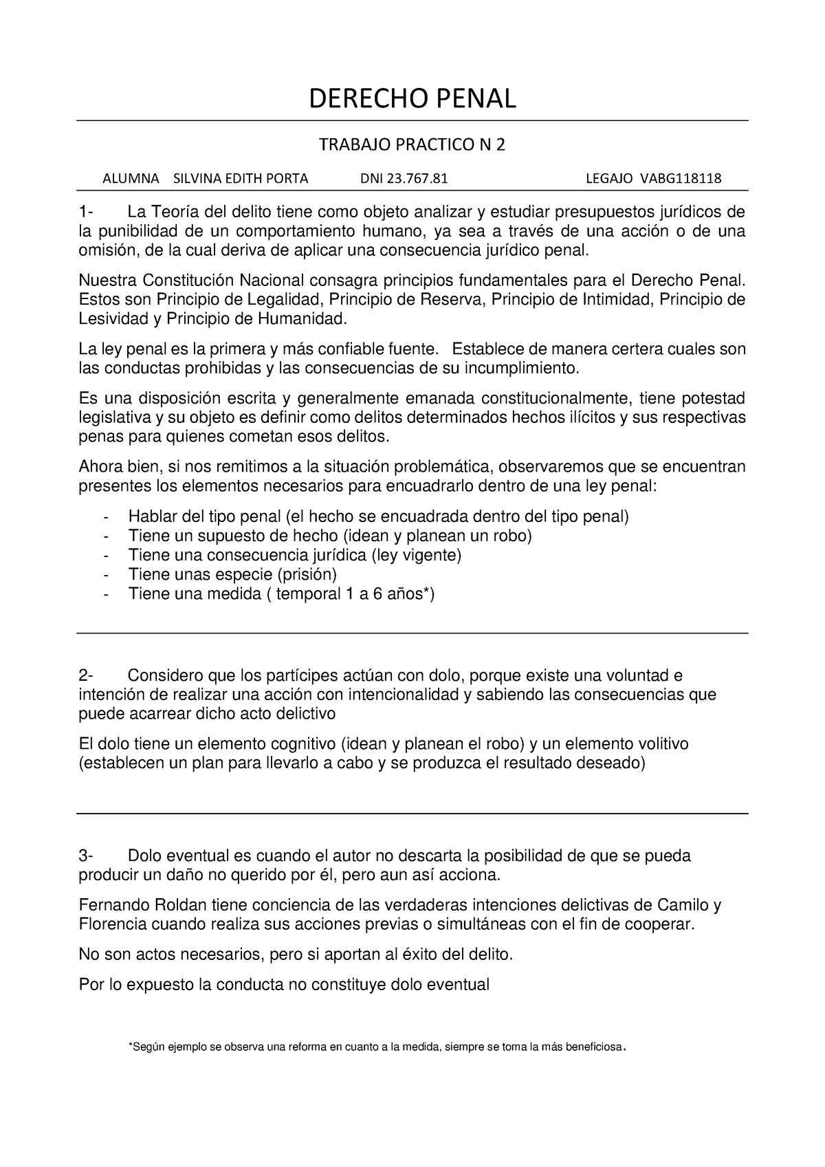 Tp 2 Derecho Penal I Derecho Penal Trabajo Practico N 2 Alumna