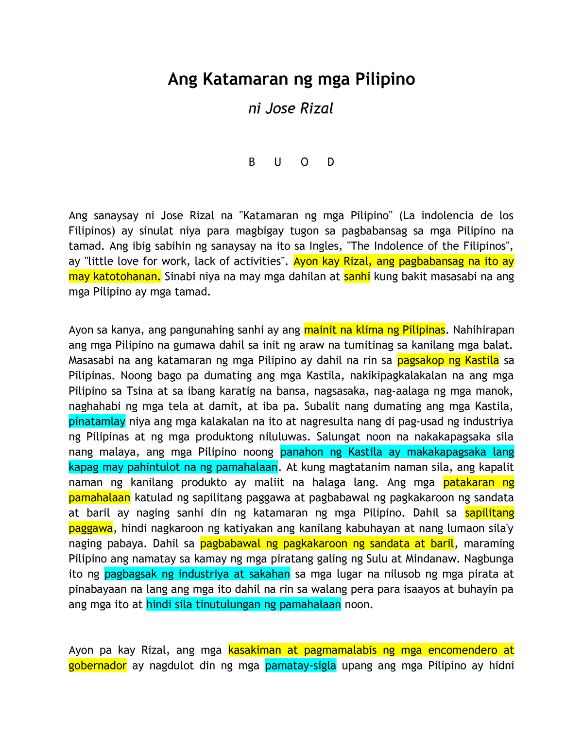 Ang Katamaran Ng Mga Pilipino Ni Jose Rizal Sanaysay Huxley Sanaysay