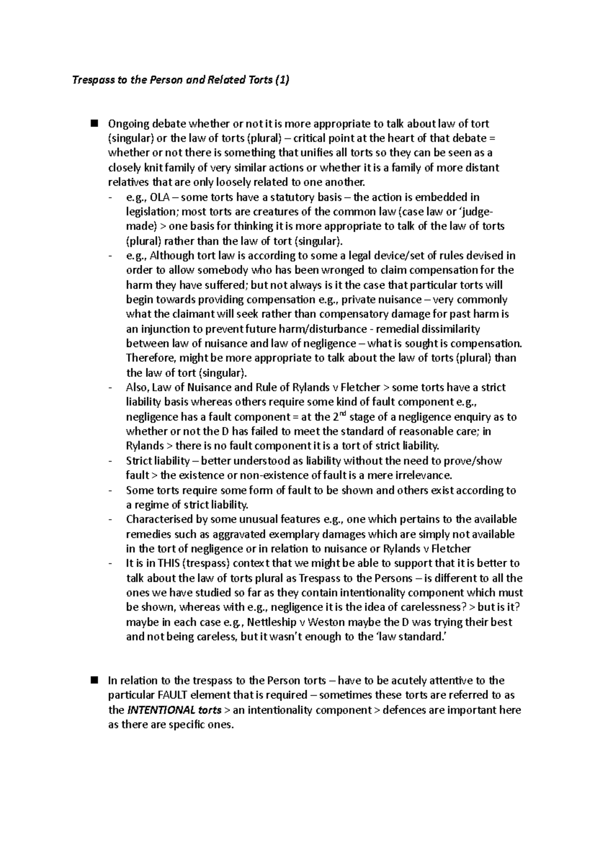 Tort Law Trespass To The Person And Related Torts 1and2 Battery