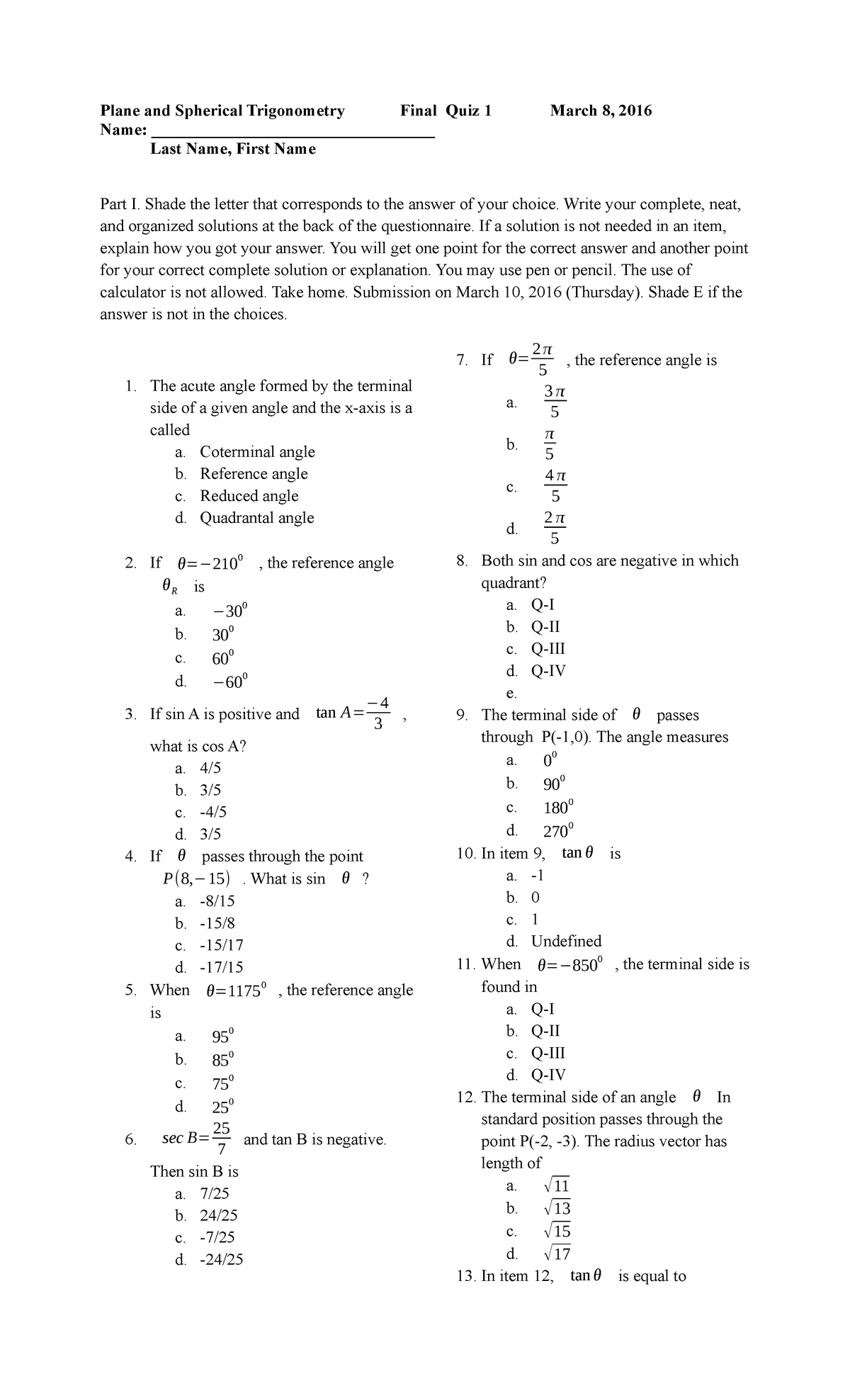 Pst Final Quiz 1 March 5 2016 Plane And Spherical Trigonometry Final