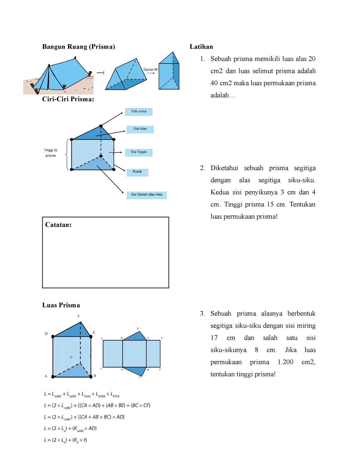 Soal Mtk Kls 6 Pertemuan I Bangun Ruang Prisma → Ciri Ciri Prisma