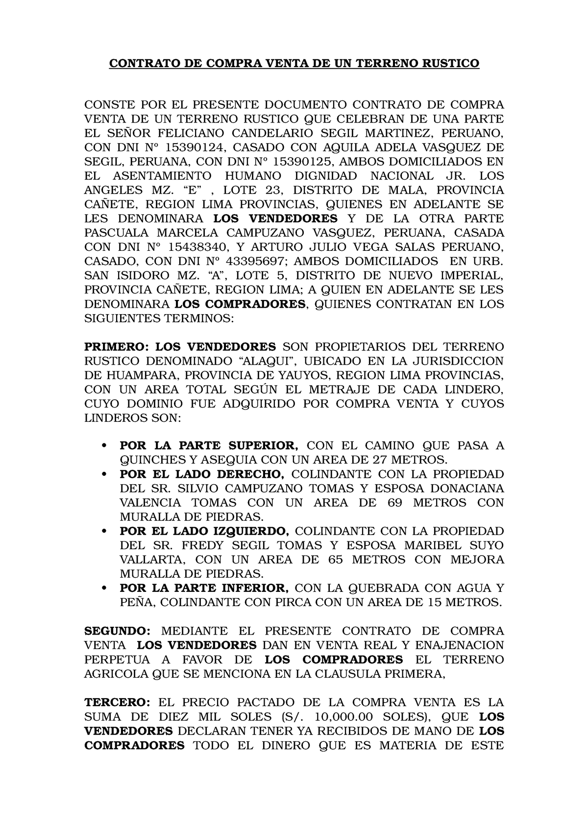 Contrato De Compra Venta De Terreno Agricola Huampara Contrato De