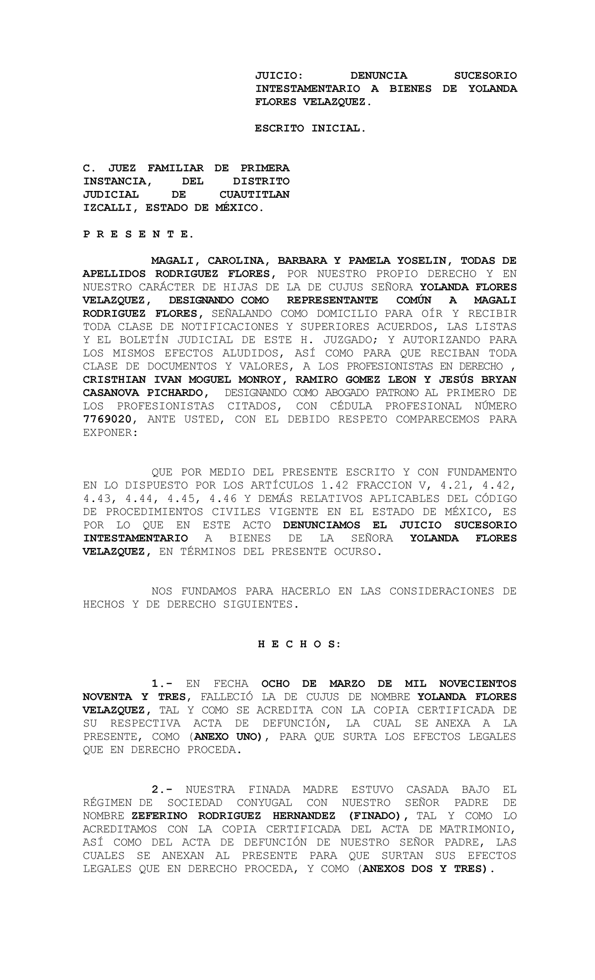 Escrito Inicial Sucesorio Intestamentario Yolanda Flores Velazquez