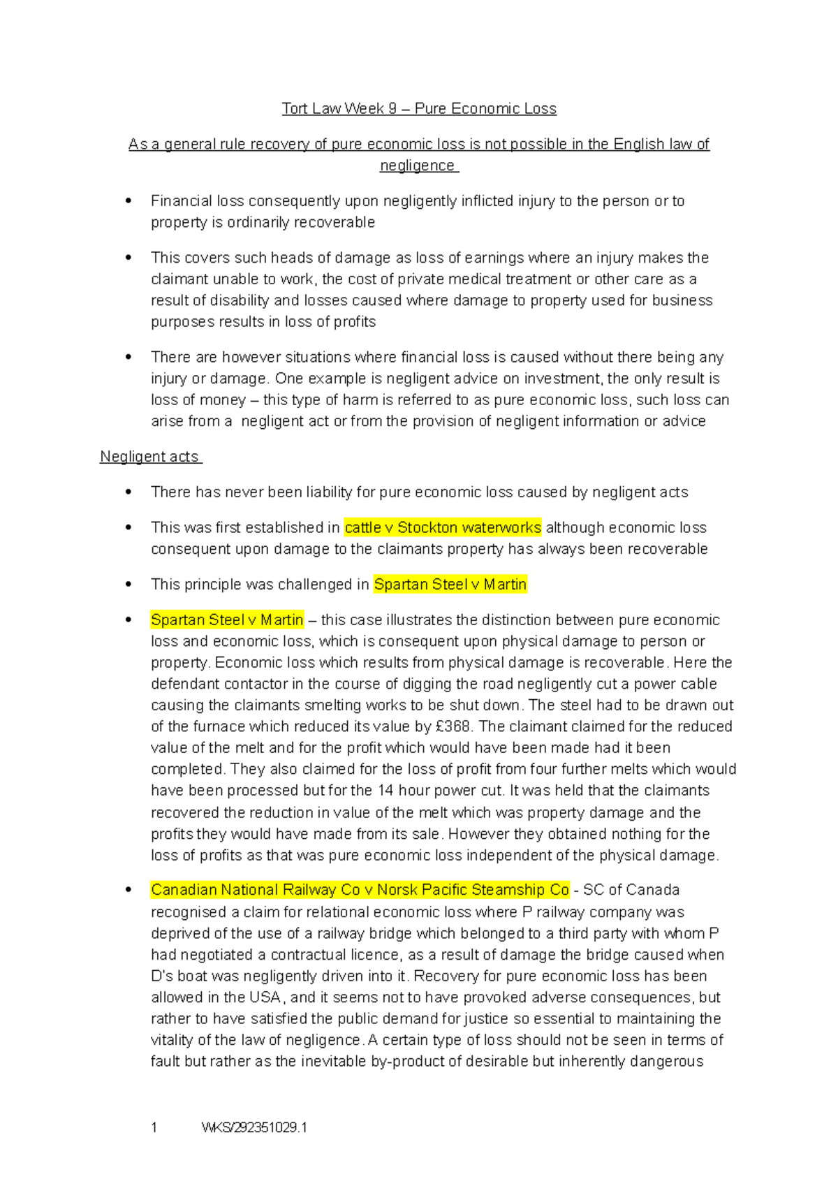 Tort Law Pure Economic Loss Tort Law Week 9 Pure Economic Loss As