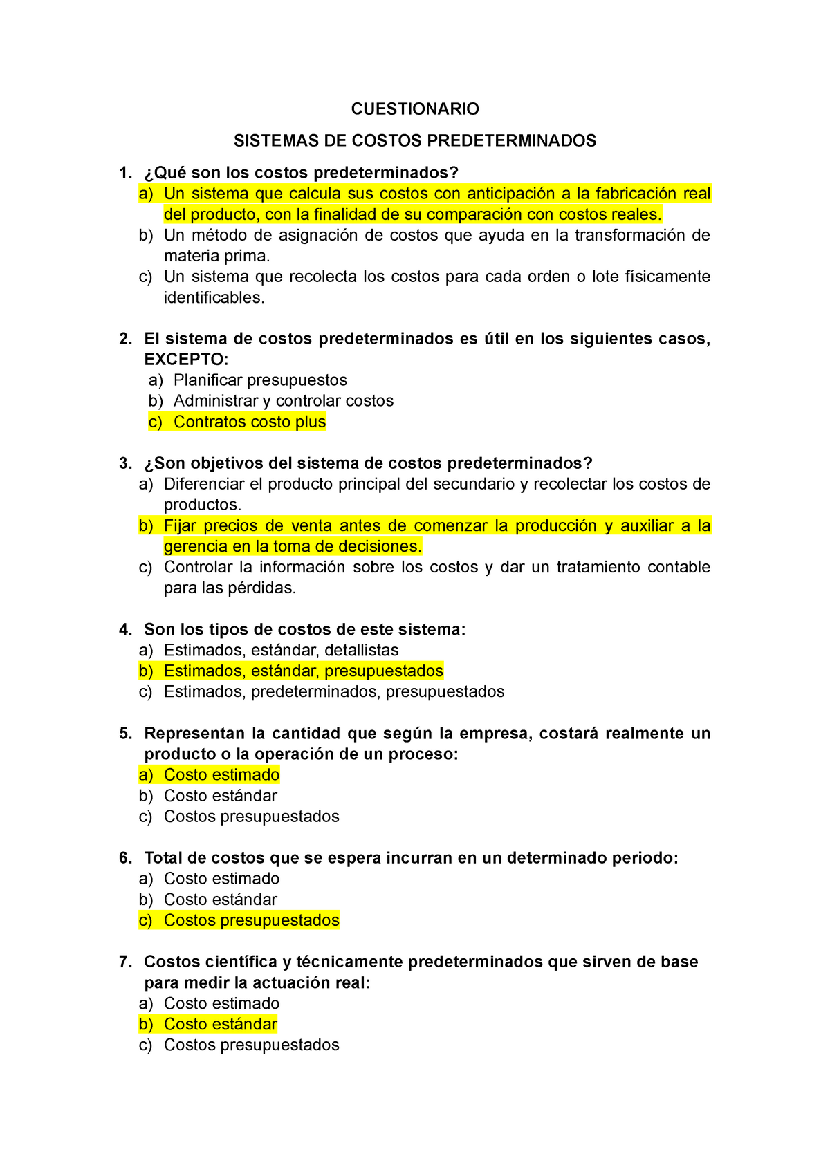 Cuestionario Costos Predeterminados Cuestionario Sistemas De Costos