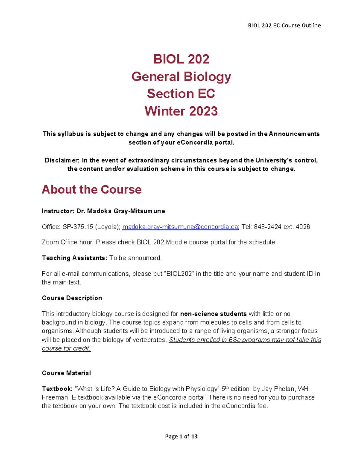 Biol 202 Winter 2023 Course Outline Biol 202 General Biology