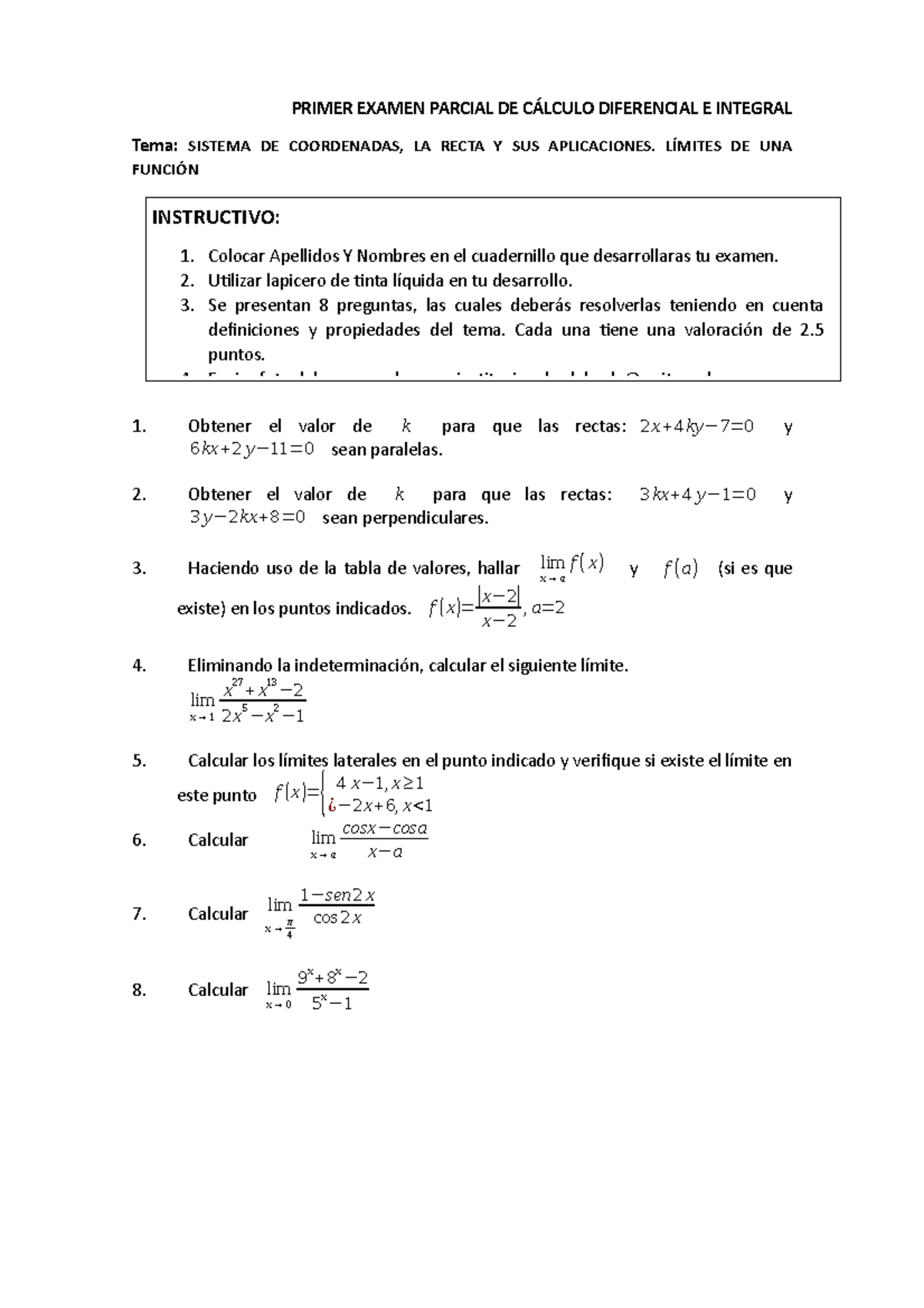 Primer Examen Parcial De Cálculo Diferencial E Integral Primer Examen