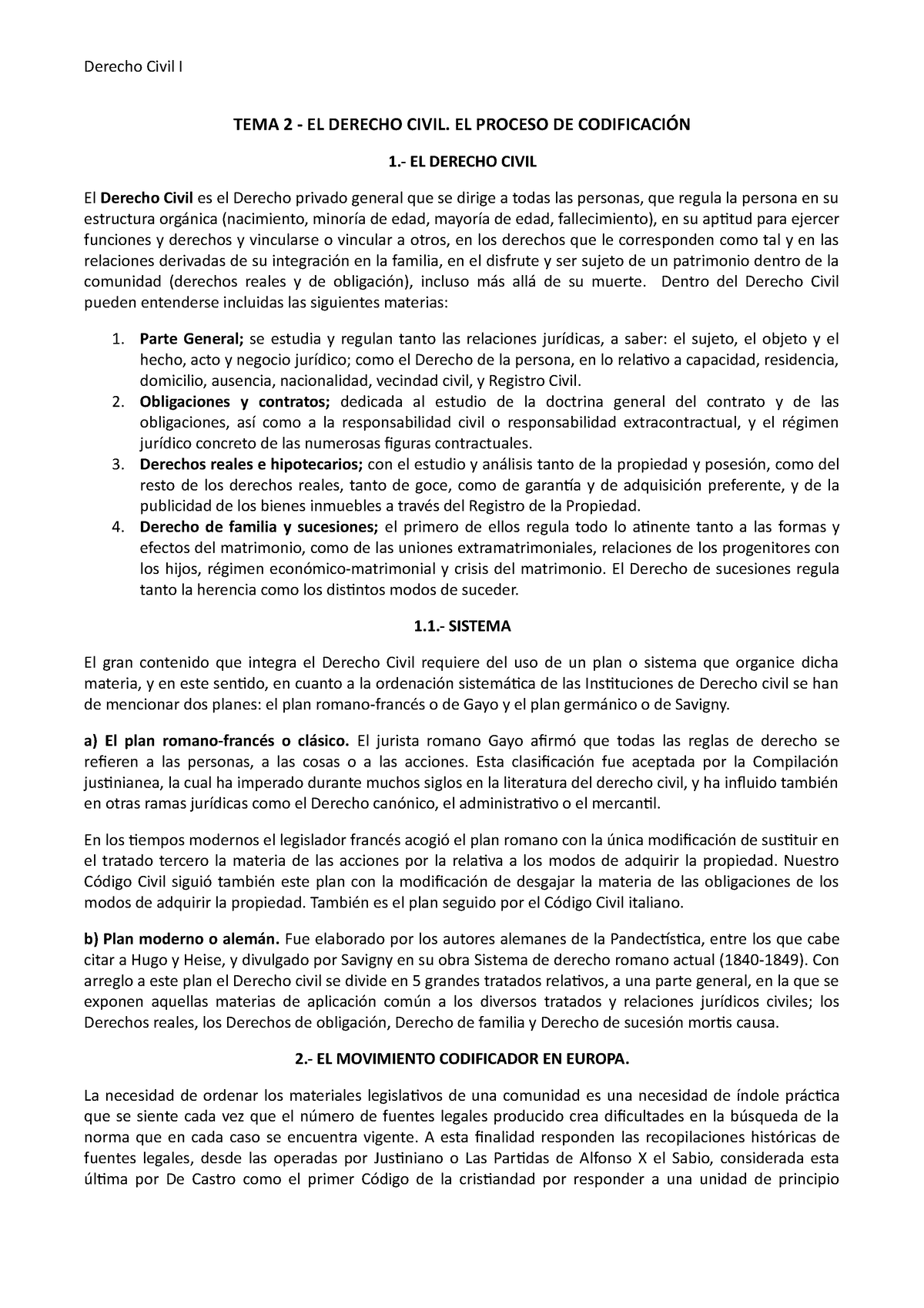 Tema 2 El Derecho Civil El Proceso De Codificación Derecho Civil I