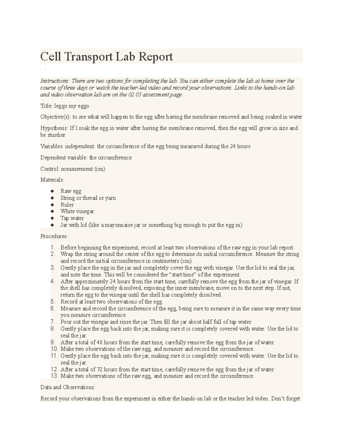 Cell Transport Lab Report Cell Transport Lab Report Instructions