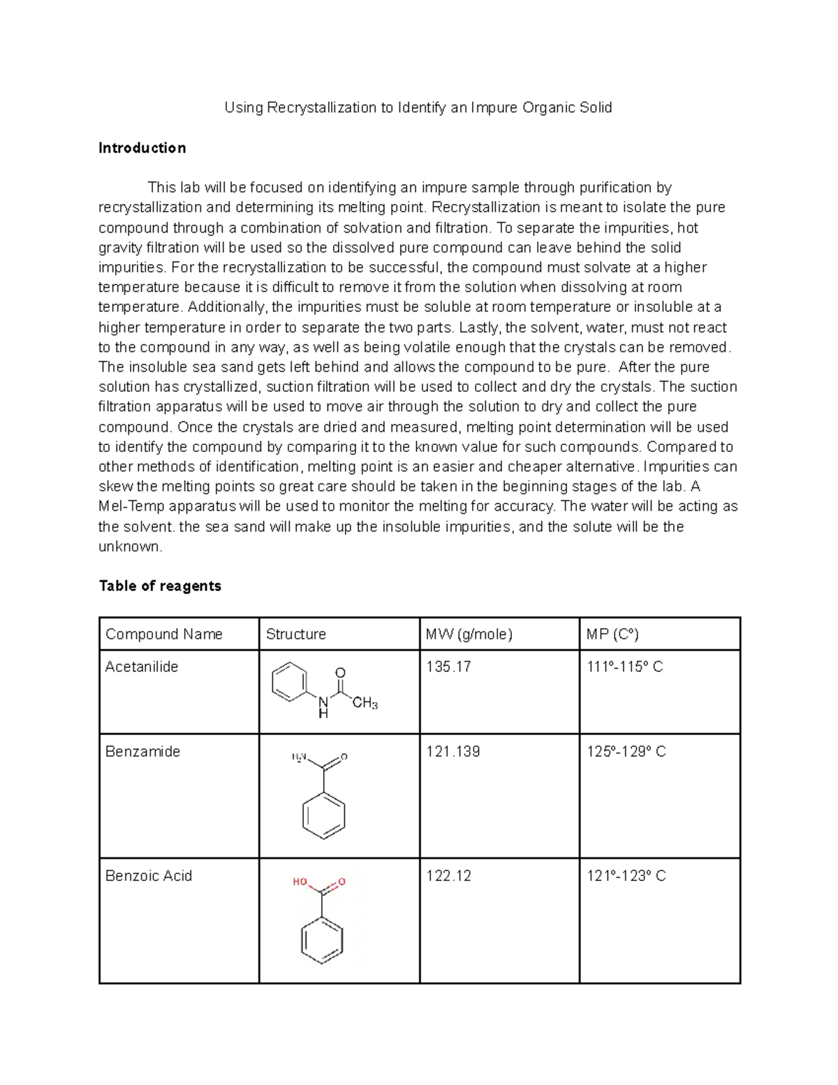 Chem 2211l Pre Lab 1 Pre Lab Using Recrystallization To Identify An