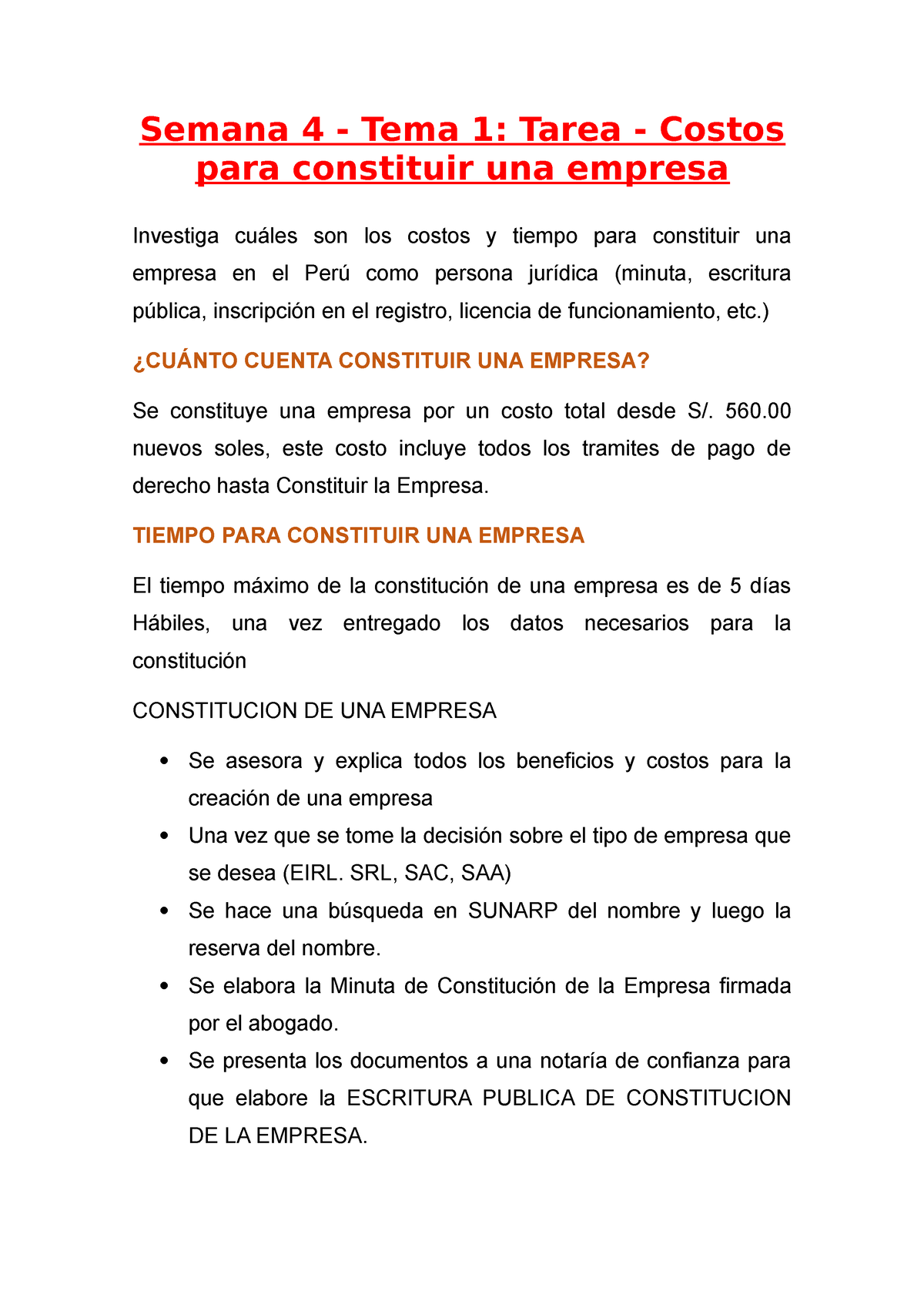 Costos Para Constituir Una Empresa Semana 4 Tema 1 Tarea Costos