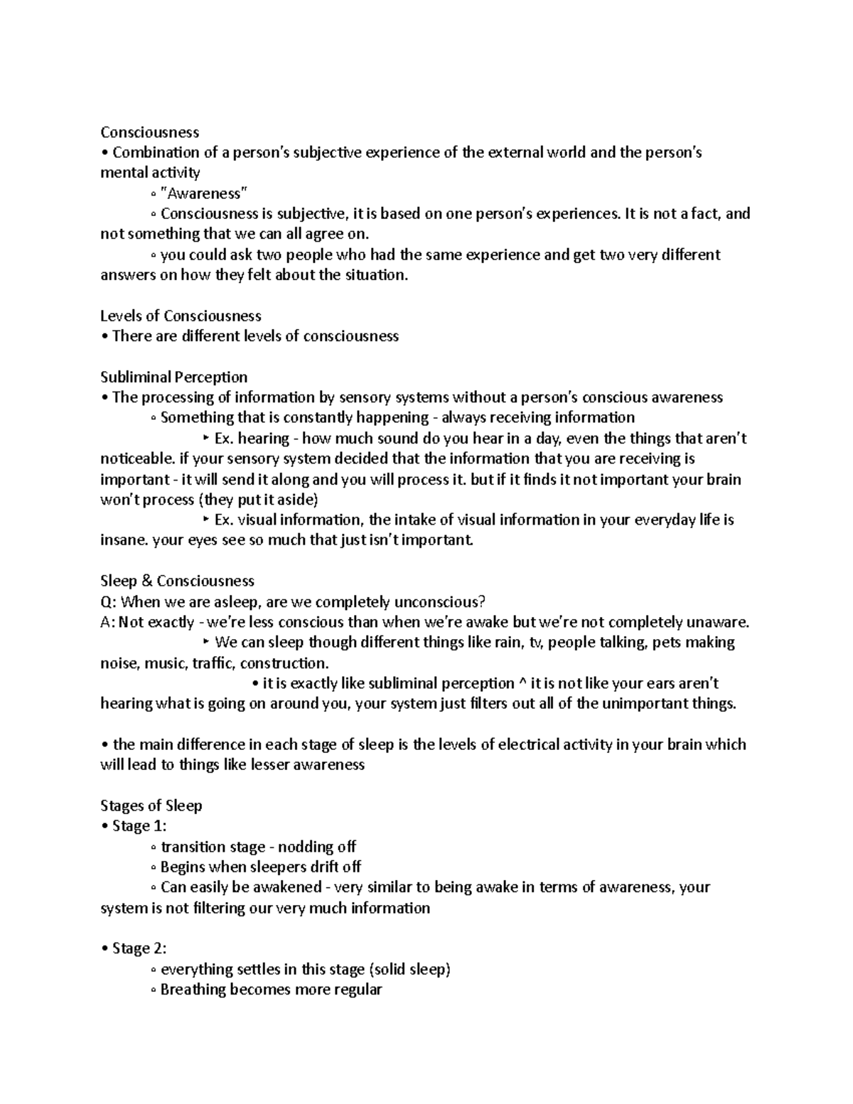 Chapter 3 Consciousness Lecture Notes Consciousness Combination Of