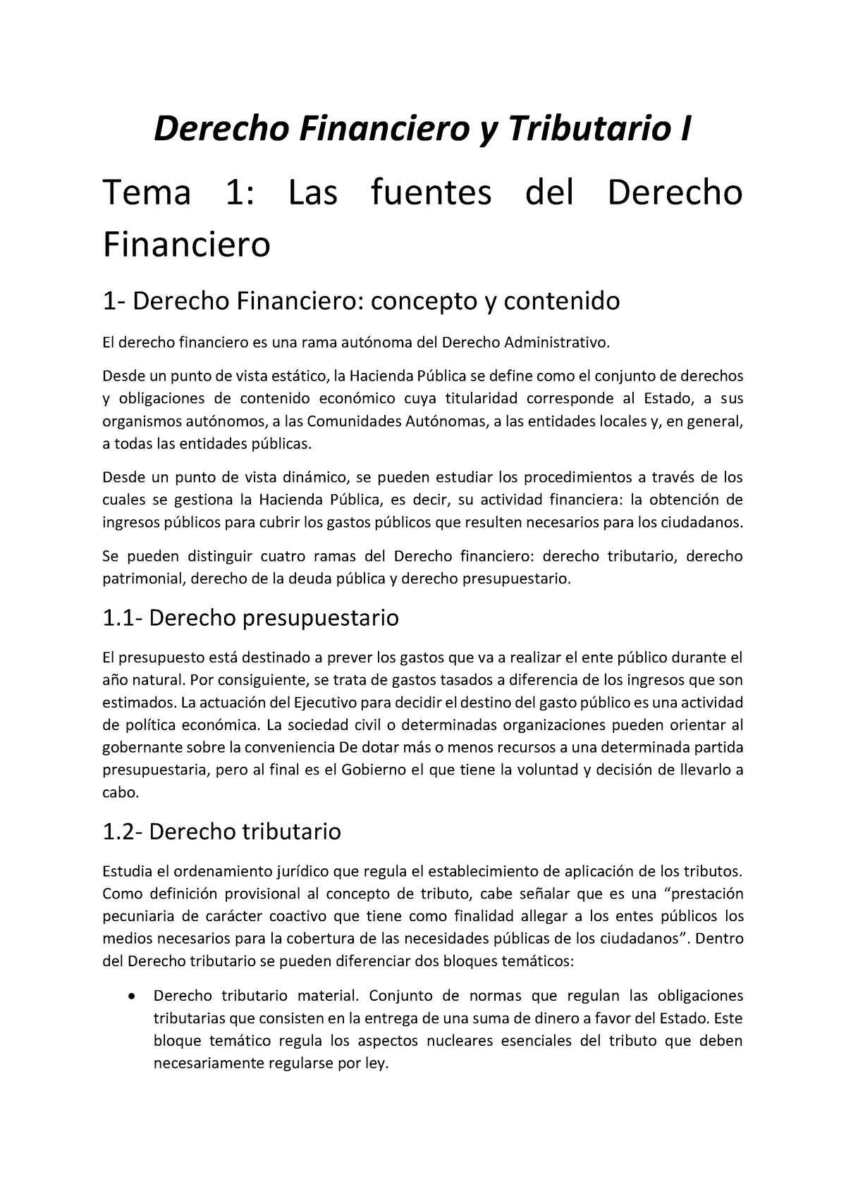 Derecho Financiero Tema 1 Derecho Financiero Y Tributario I Tema 1