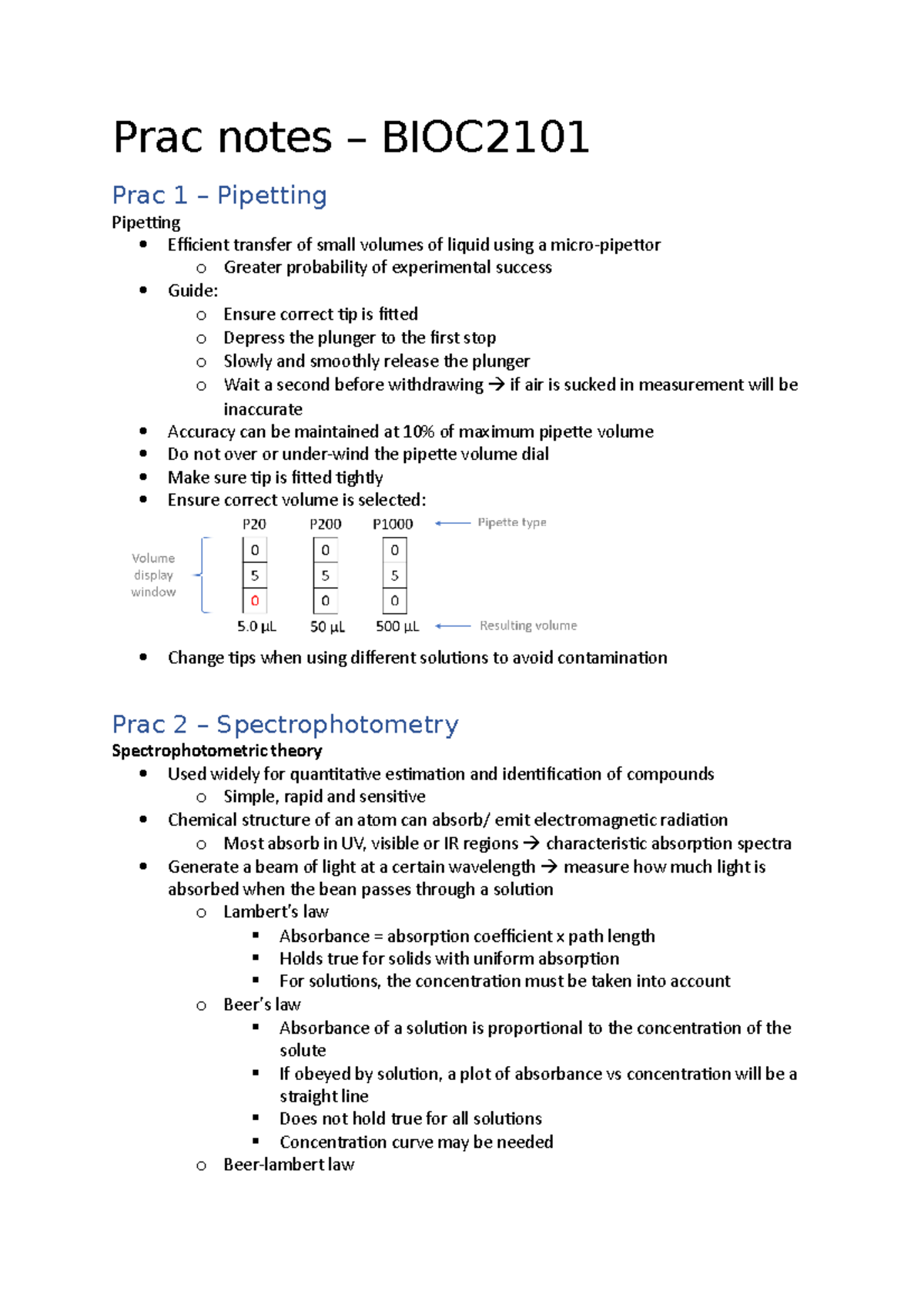 Prac Notes Bioc2101 Prac Notes Bioc Prac 1 Pipetting Pipetting