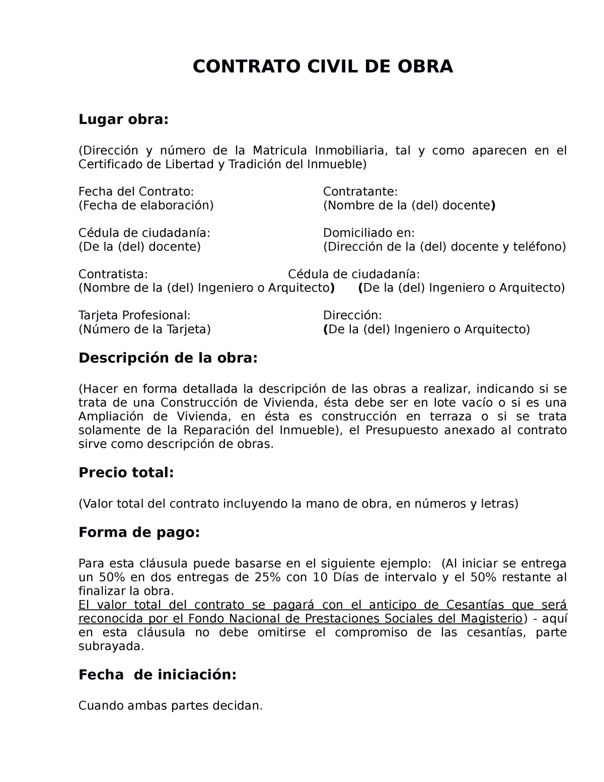 Contrato Civil De Obra1 Contrato Civil De Obra Lugar Obra Dirección