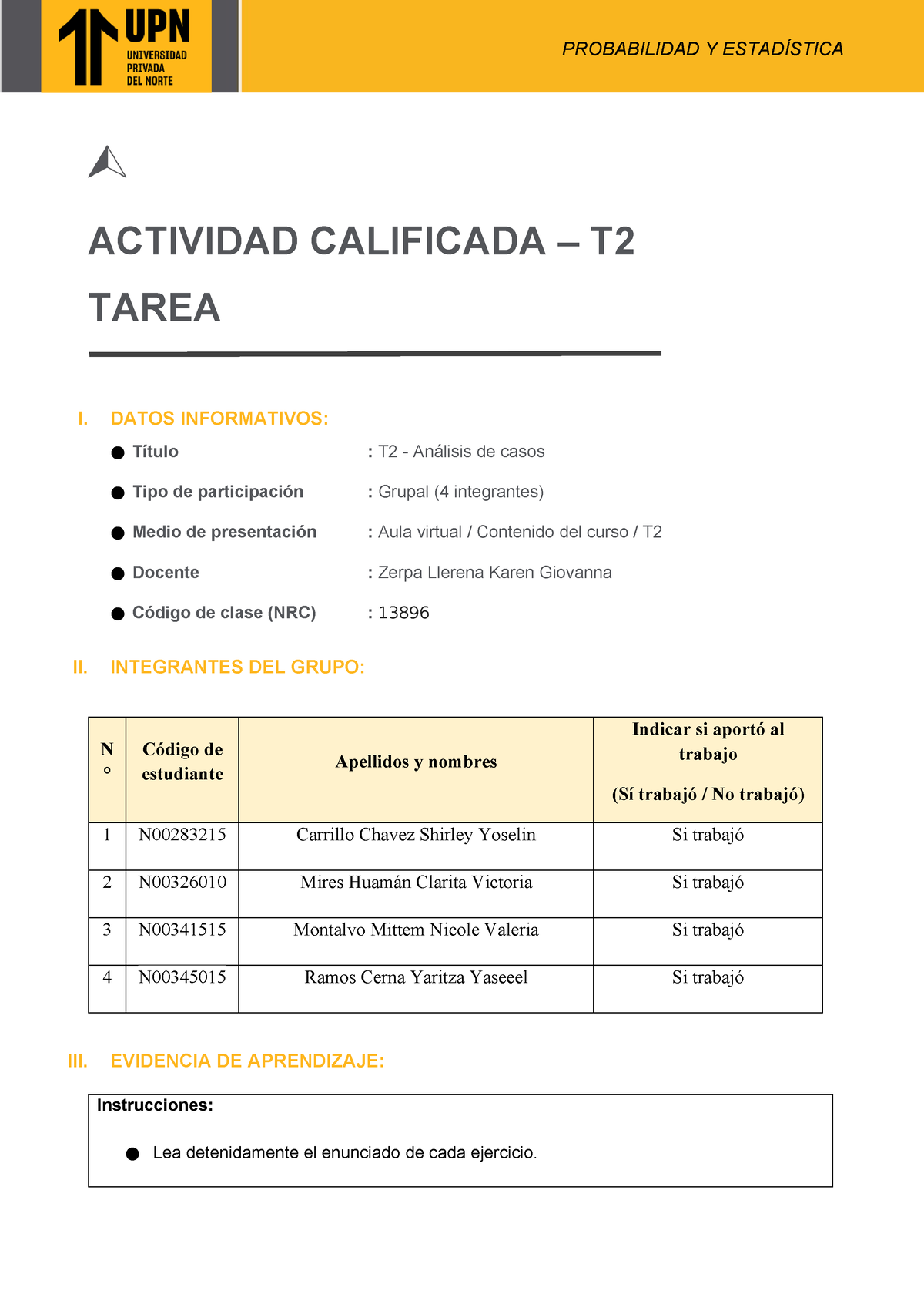 T2 De Probabilidad Y Estadistica Actividad Calificada T Tarea I