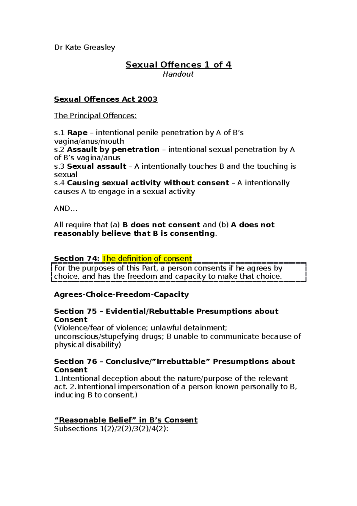 Sexual Offences Handouts Dr Kate Greasley Sexual Offences 1 Of 4