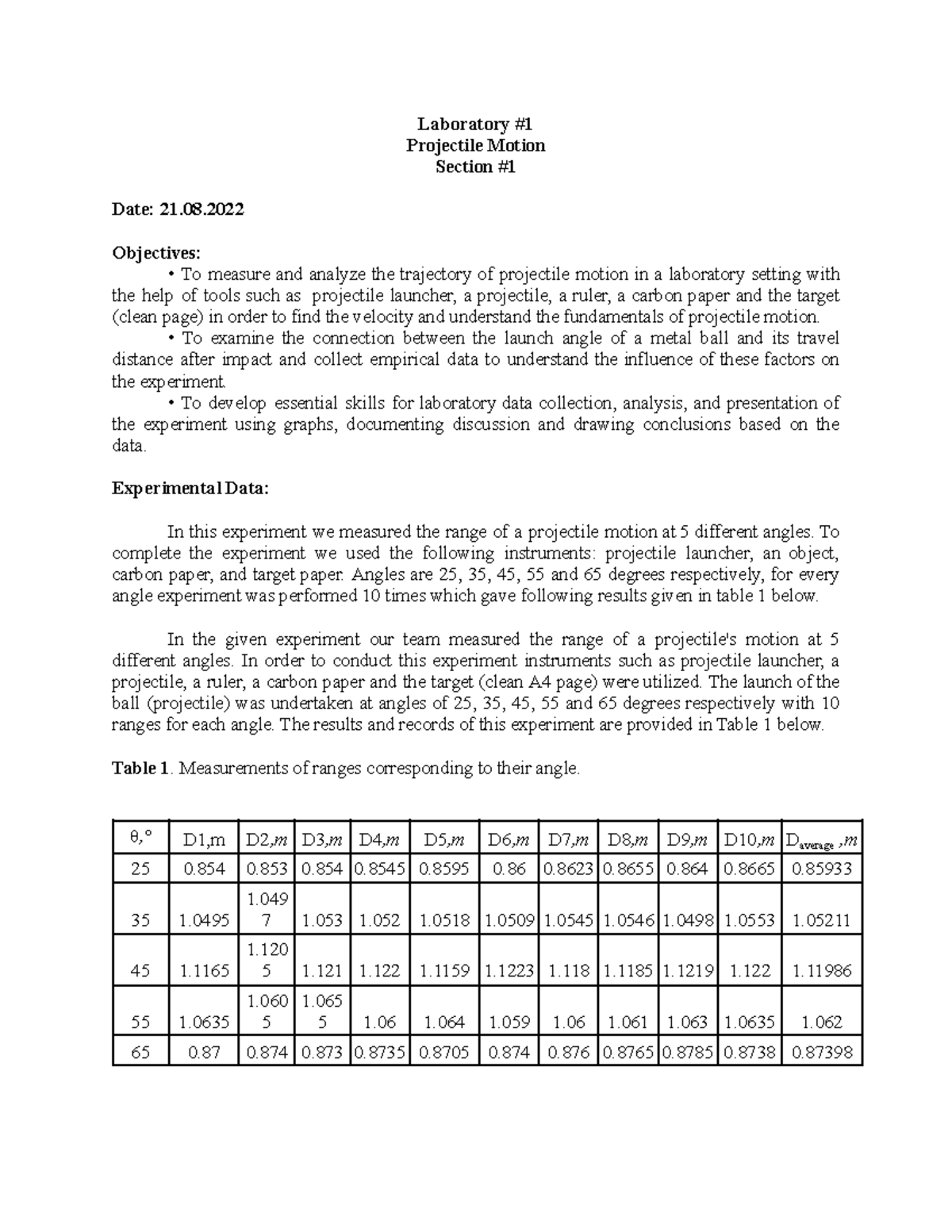 Lab1 Projectile Motion Laboratory Projectile Motion Section Date