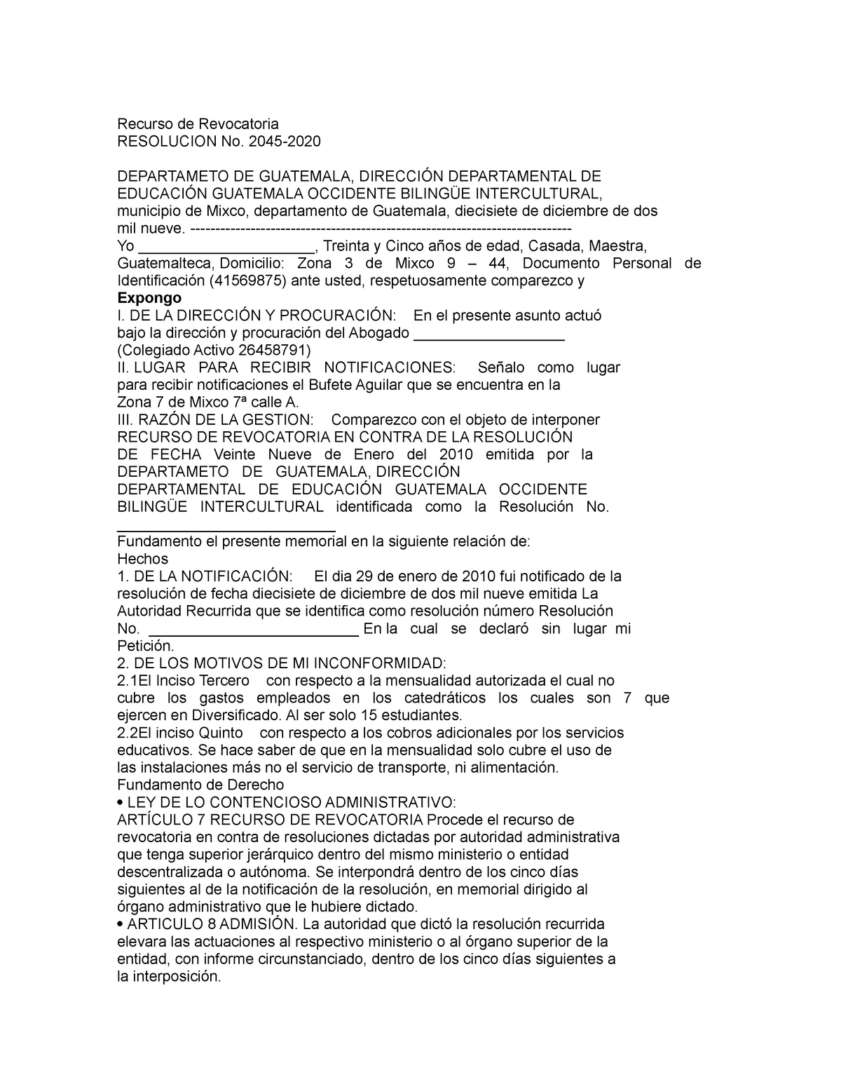 Recurso De Revocatoria Recurso De Revocatoria Resolucion No 2045