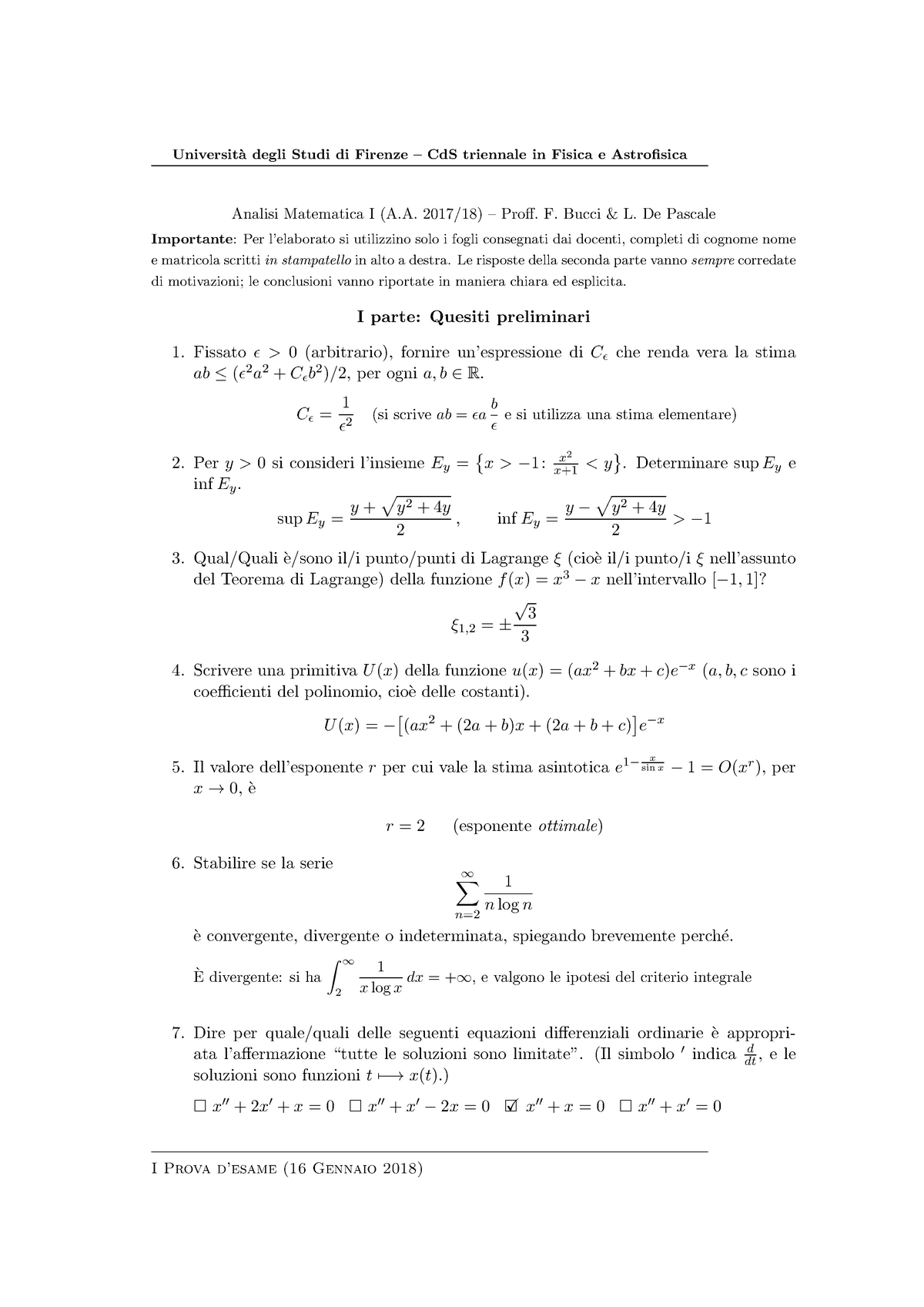 Esempioprova Desame 2 Gennaio Domanderisposte Analisi Matematica