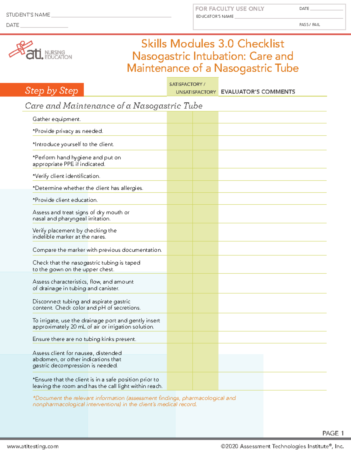 Skills Checklist Nasogastric Care Educator Implementation Guide