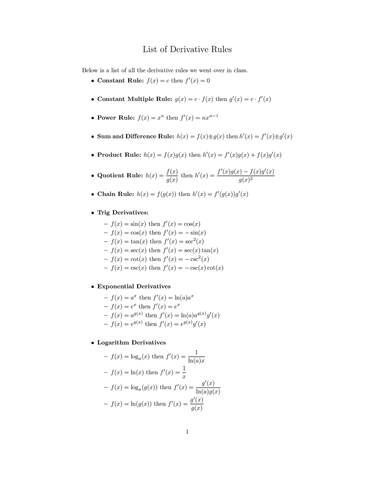 Derivatives Derivative Formulas List Of Derivative Rules Below Is A