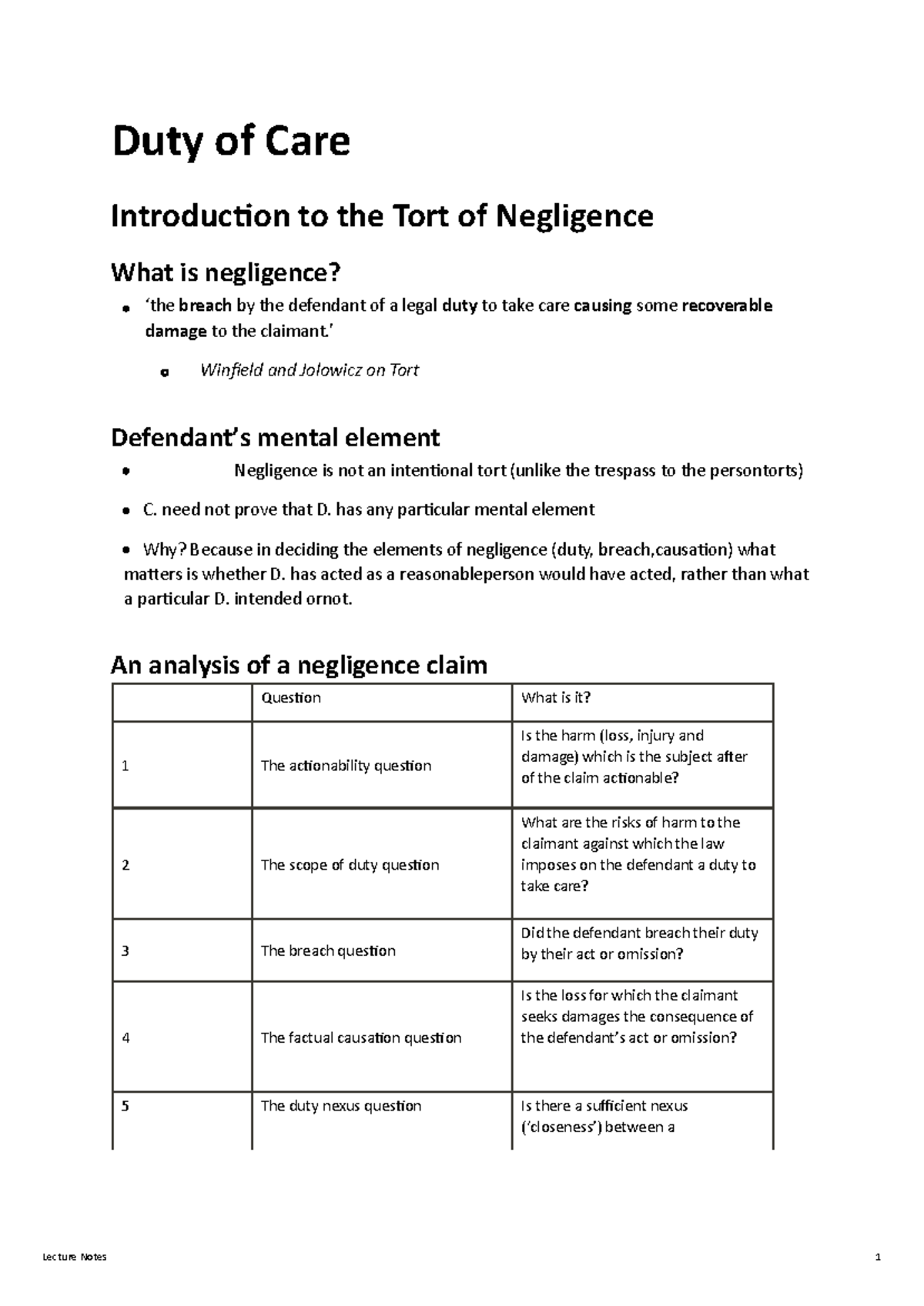 Duty Of Care Lectures Duty Of Care Introduction To The Tort Of