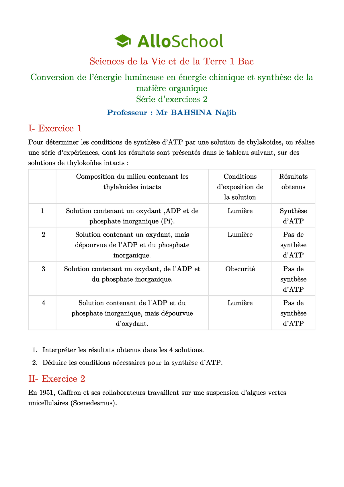 Conversion De L Energie Lumineuse En Energie Chimique Et Synthese De La