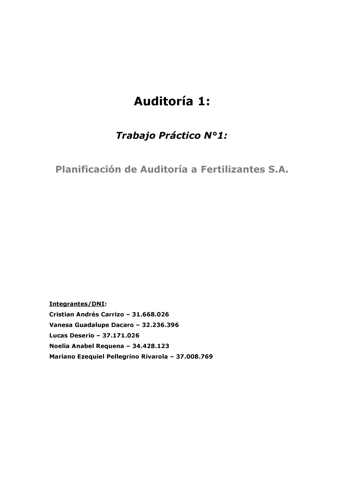 Tp 1 Auditoria Auditoría 1 Trabajo Práctico N°1 Planificación De